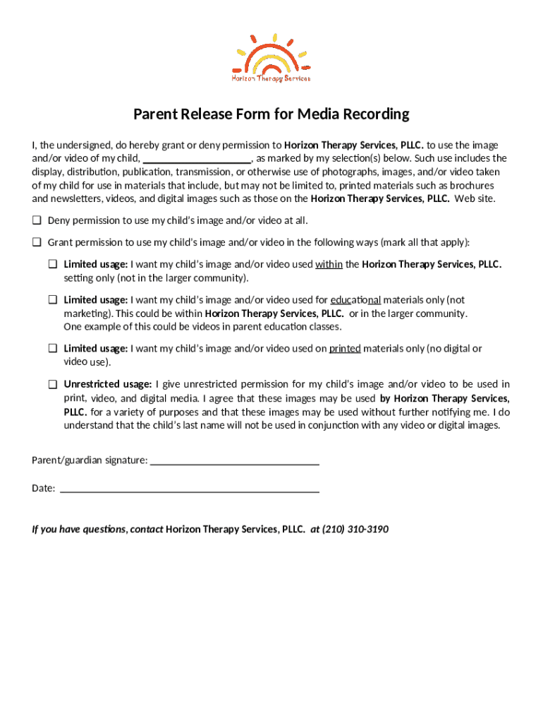 Parent Release for Media Recording Doc Template | pdfFiller