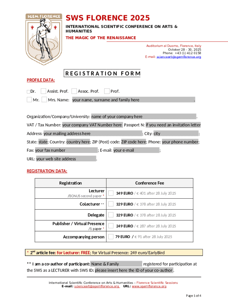 Sws Florence 2025 Registration Doc Template | pdfFiller