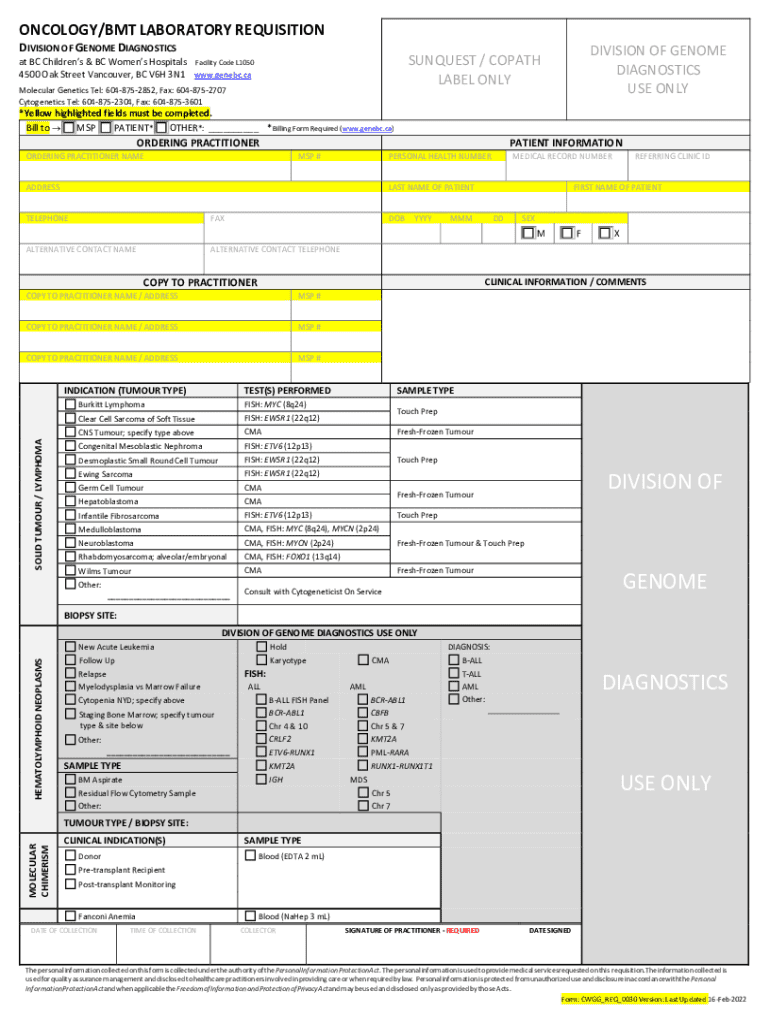 Fillable Online Oncology Bmt Laboratory Requisition 2022 - Genome Diagnostics Fax Email Print ...
