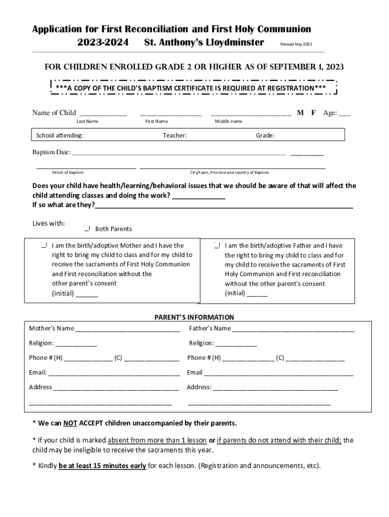 Fillable Online First Reconciliation and Holy Communion Application ...