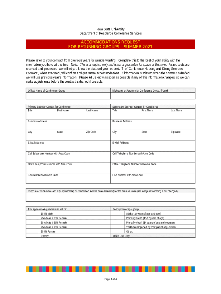 Accommodations Request for Returning Groups – Summer 2021 Doc Template | pdfFiller