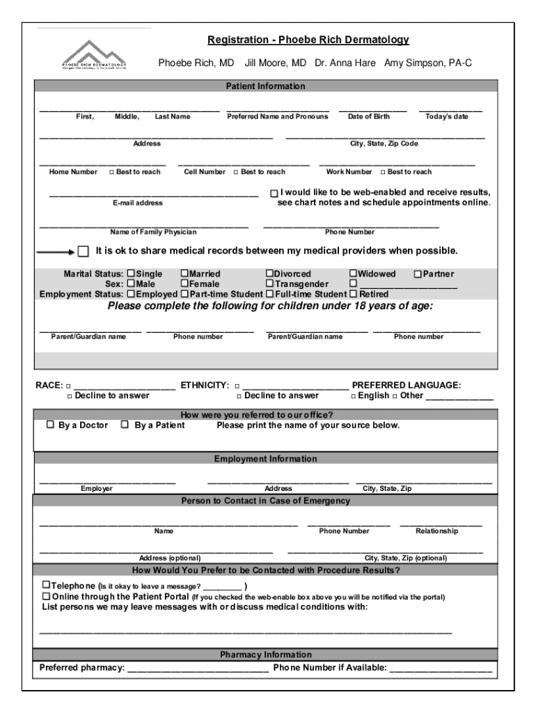 Fillable Online Patient Registration Form - Phoebe Rich Dermatology 2023 Fax Email Print - pdfFiller