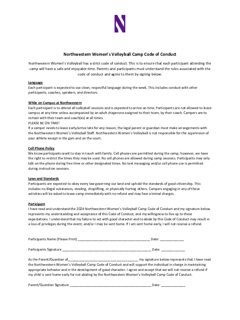 Fillable Online 2024 Northwestern Women's Volleyball Camp Code of ...