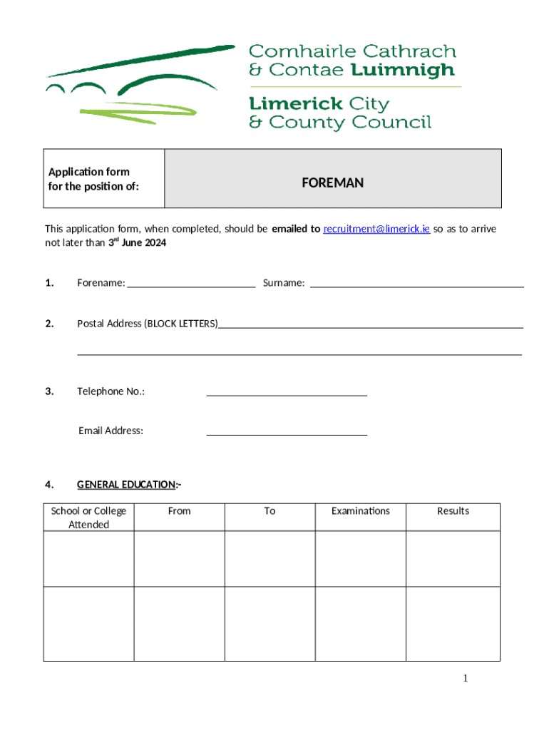 Application for Foreman Position Doc Template | pdfFiller