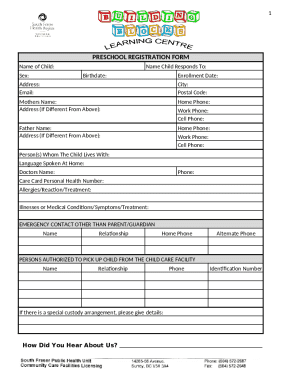 Preschool Registration Doc Template | pdfFiller