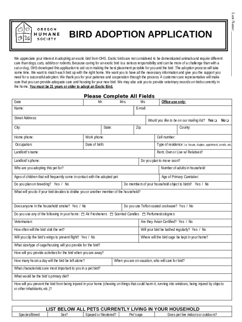 Ohs Exotic Bird Adoption Application Doc Template | pdfFiller