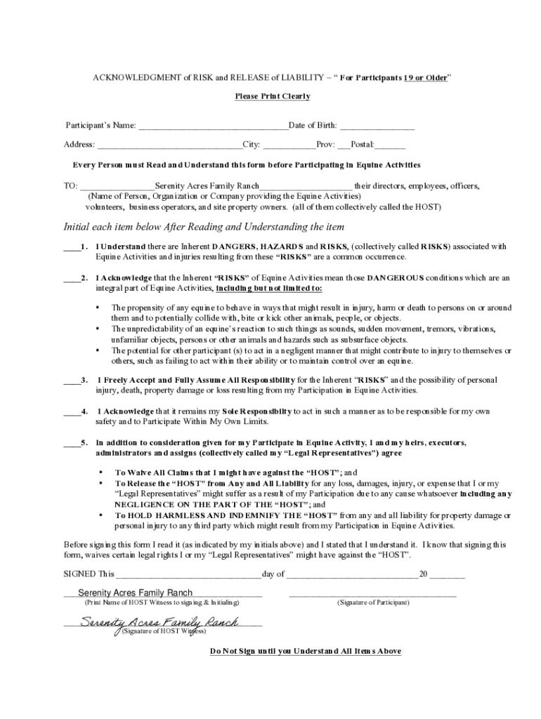 Acknowledgment of Risk and Release of Liability: Fill out & sign online | DocHub