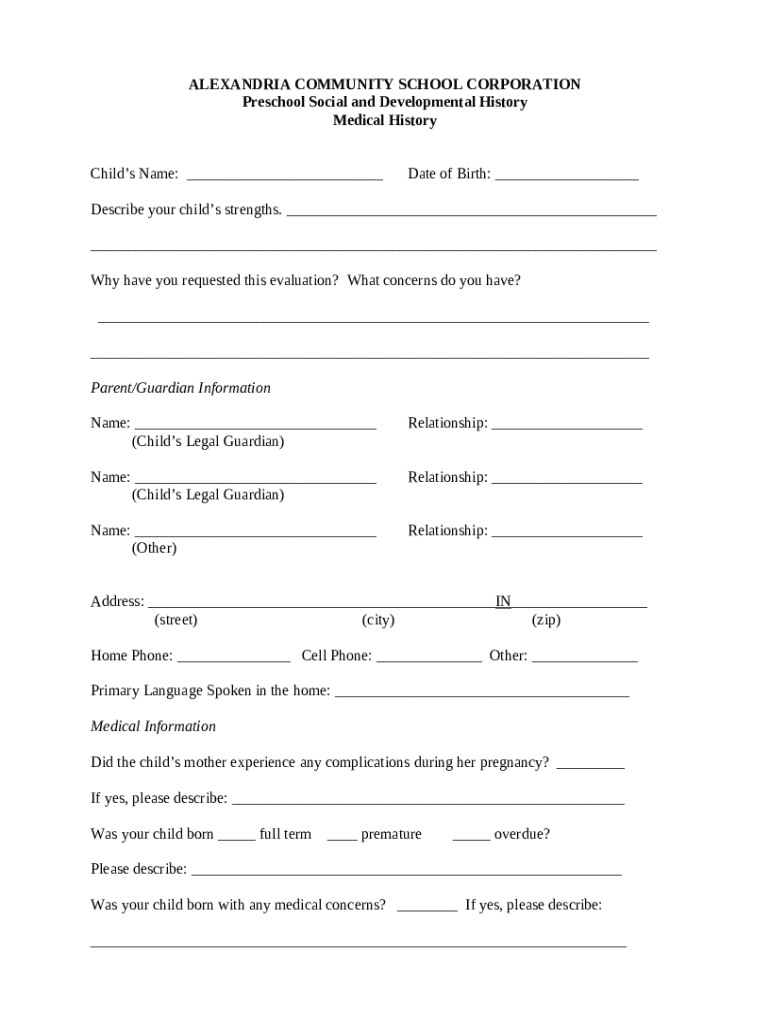 Preschool Social and Developmental History Doc Template | pdfFiller