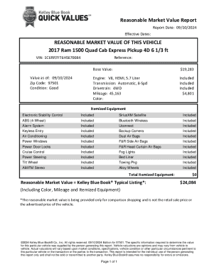 Fillable Online Reasonable Market Value Report 2024 for 2017 Ram 1500 ...