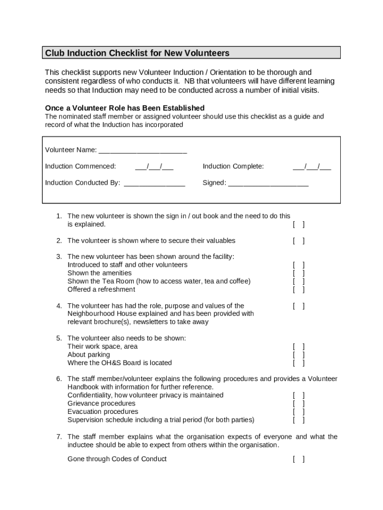 Sample Volunteer Induction Checklist use as a starting ... Doc Template ...
