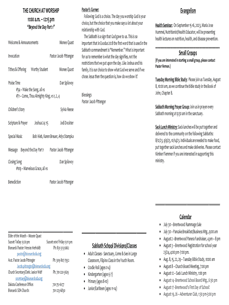 Fillable Online Bismarck Sda Church Worship - Beyond the Day Part 1 ...