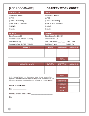 Drapery Work Order Template Doc Template | pdfFiller