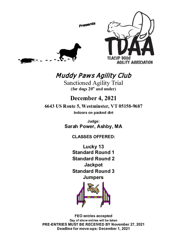 Fillable Online Muddy Paws Agility Club Trial December 2021 - Dog ...