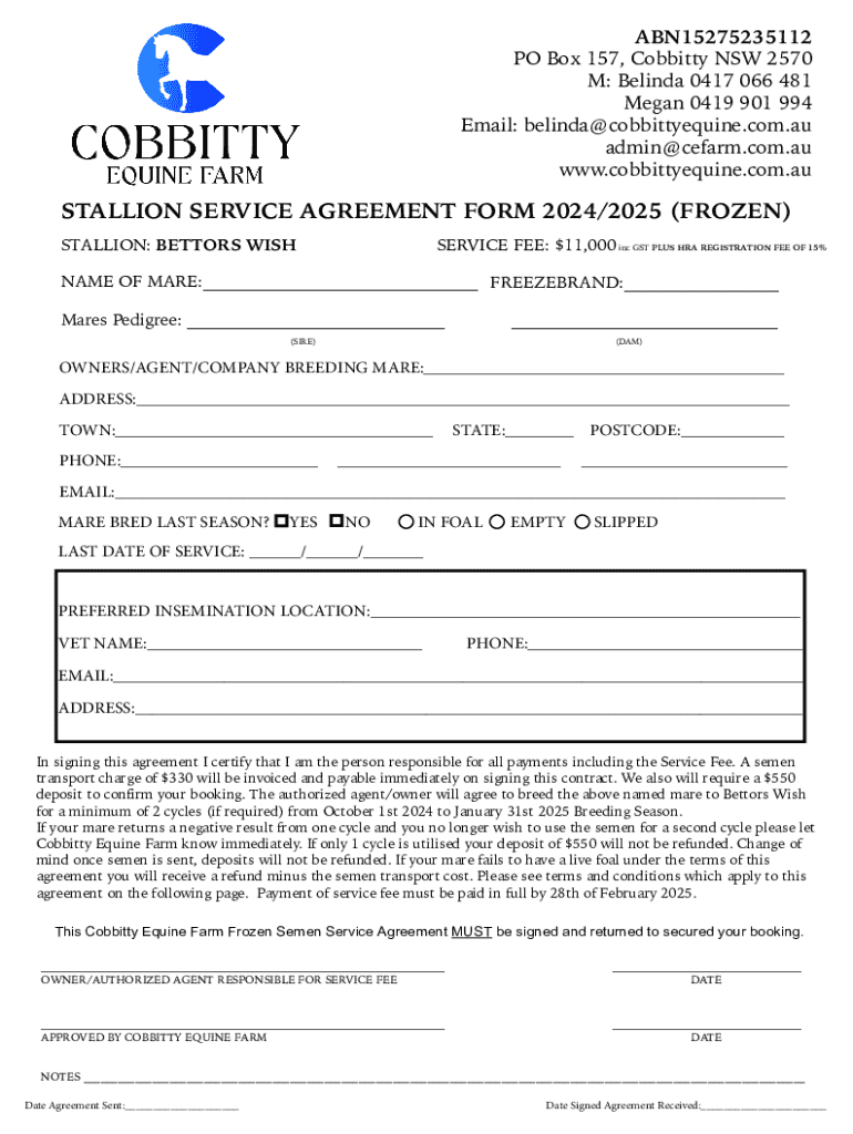 Fillable Online Stallion Service Agreement for Bettors Wish 2024/2025 ...