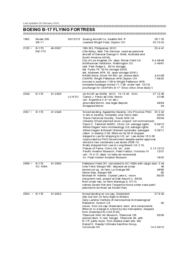 Fillable Online List of surviving Boeing B-17 Flying Fortresses Fax ...