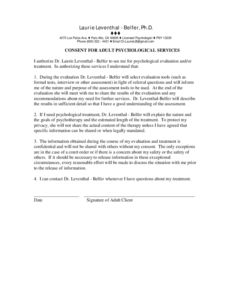 Fillable Online Laurie J. Leventhal-Belfer, Psychologist, Palo Alto, CA ...