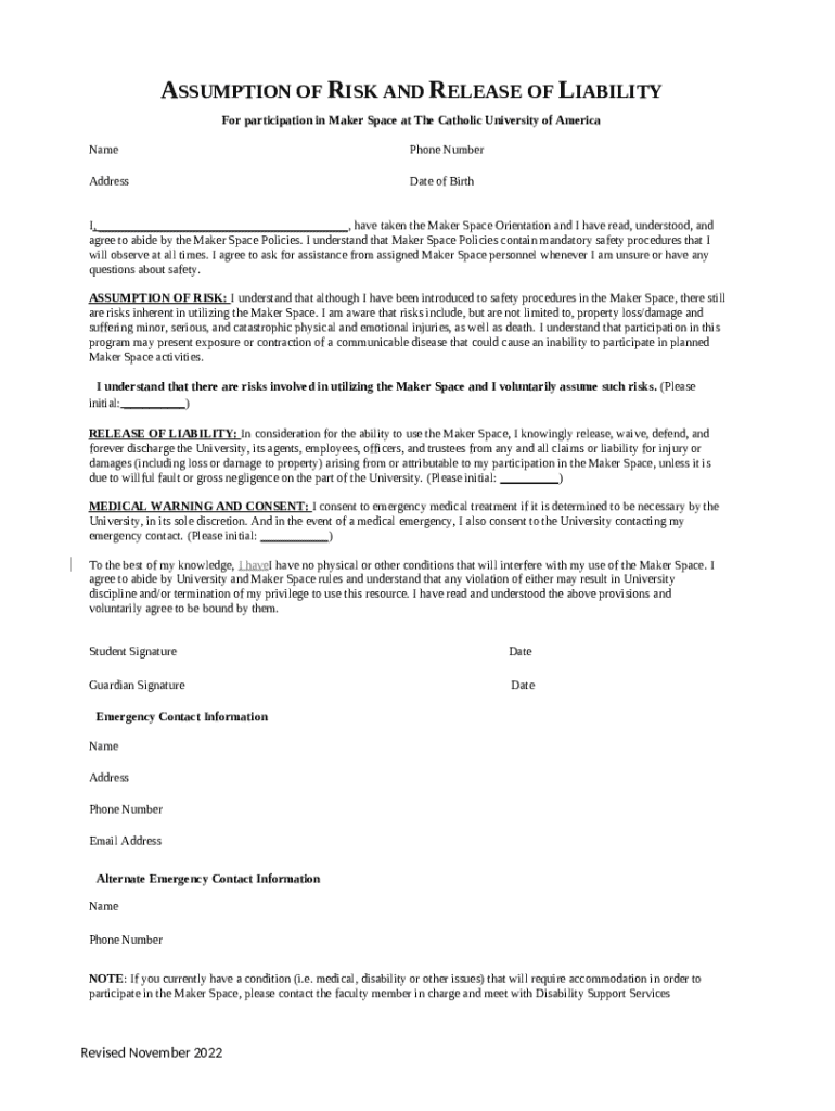 Assumption of Risk and Release of Liability Doc Template | pdfFiller