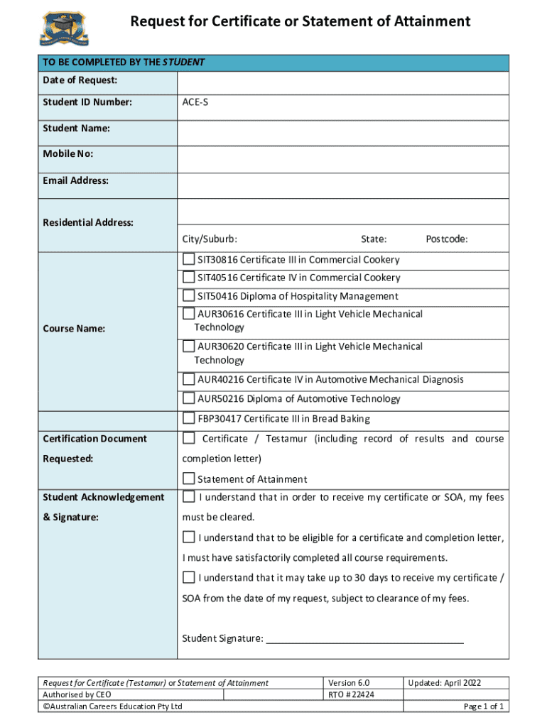Fillable Online Request for Certificate or Statement of Attainment 2022 ...