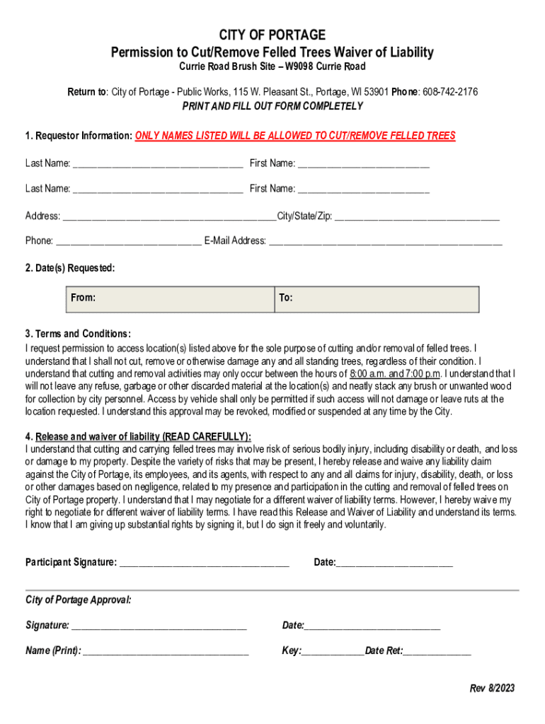 Fillable Online 2023 City of Portage Tree Cutting Permission and ...
