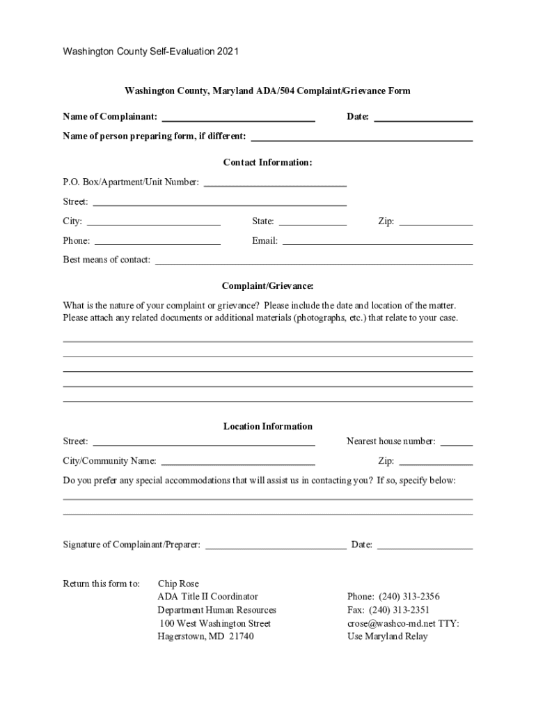 Fillable Online Washington County Ada/504 Complaint Form 2021 Fax Email Print - pdfFiller