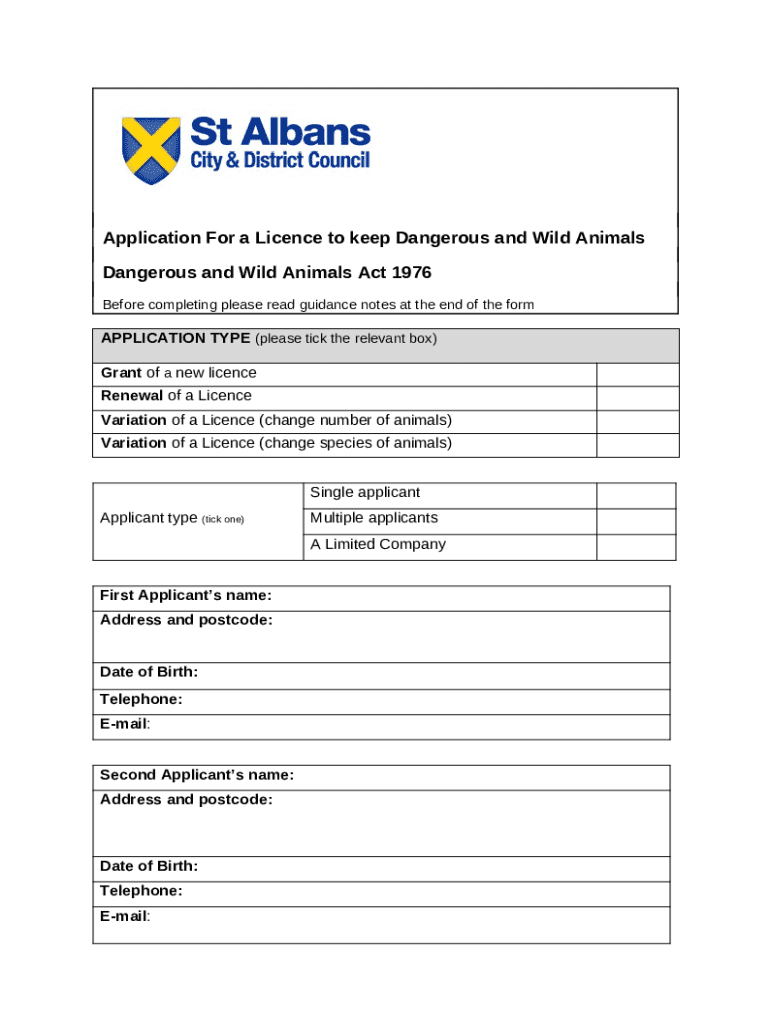 Application for a Licence to Keep Dangerous and Wild Animals Doc Template | pdfFiller