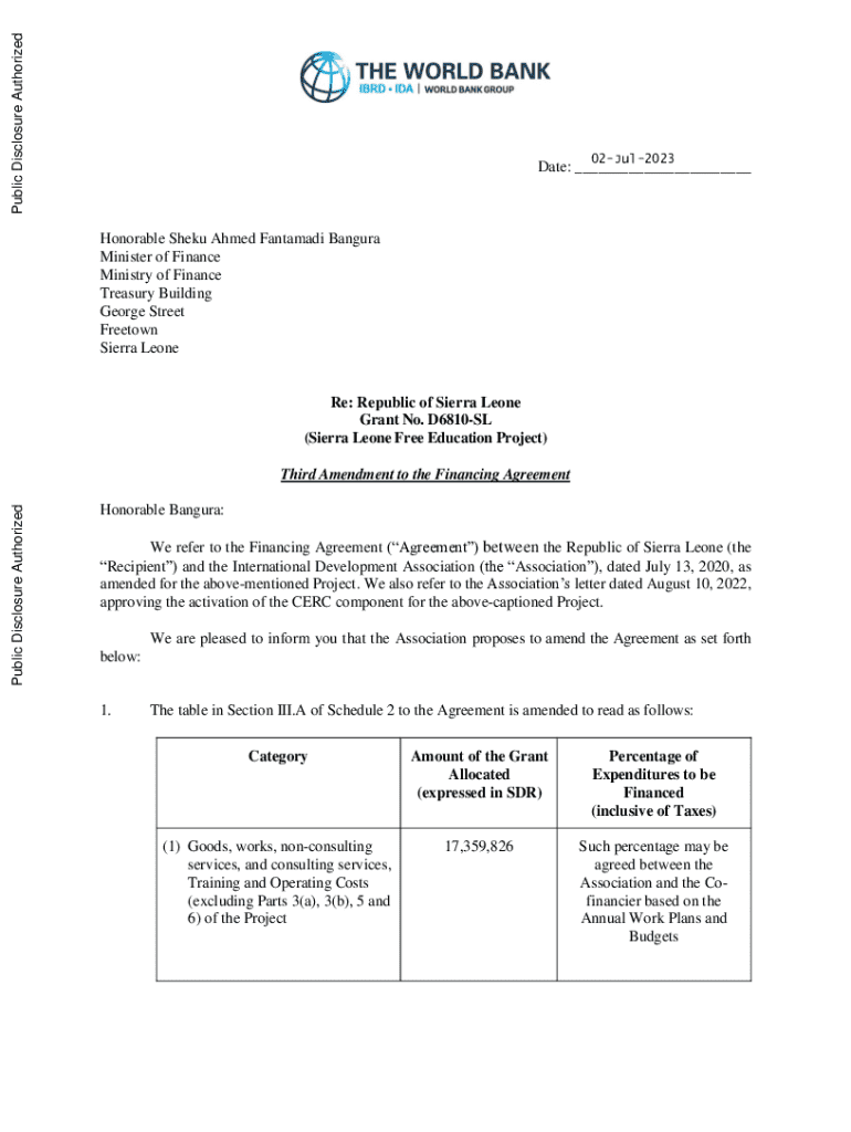 Fillable Online Third Amendment to Financing Agreement for Sierra Leone ...