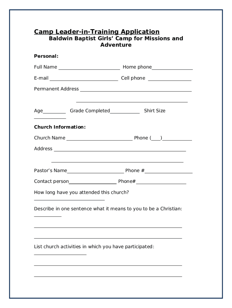 Camp Leader-in-training Application Doc Template | pdfFiller