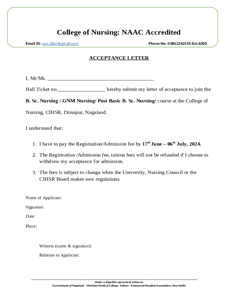 Acceptance Letter Doc Template | pdfFiller