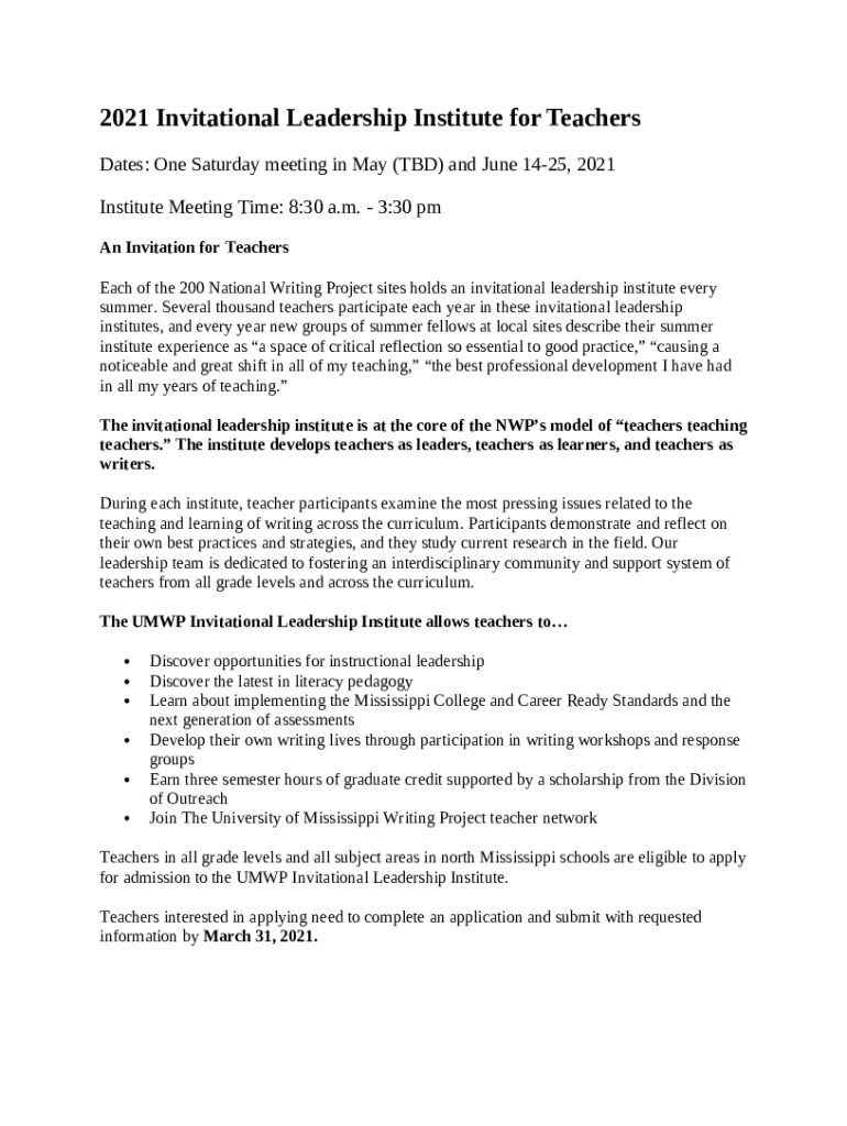 2021 Invitational Leadership Institute for Teachers Doc Template ...