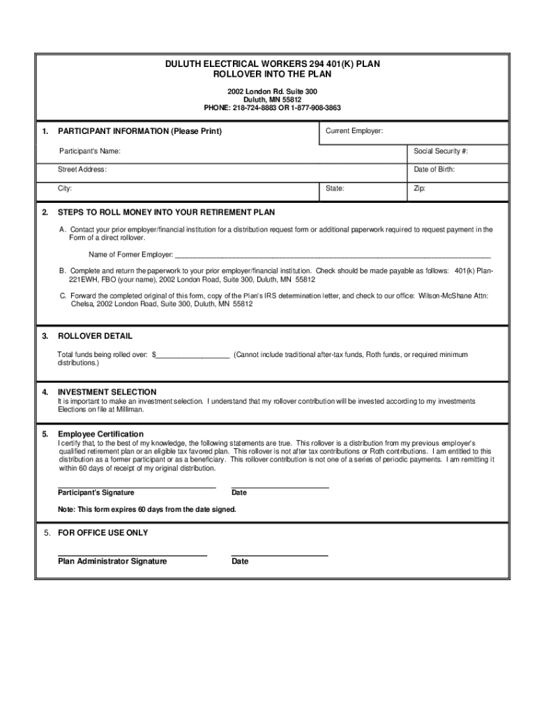Fillable Online Duluth Electrical Workers 294 401(k) Plan Rollover ...