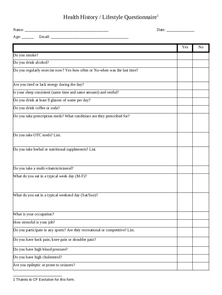 Health History / Lifestyle Questionnaire Doc Template | pdfFiller