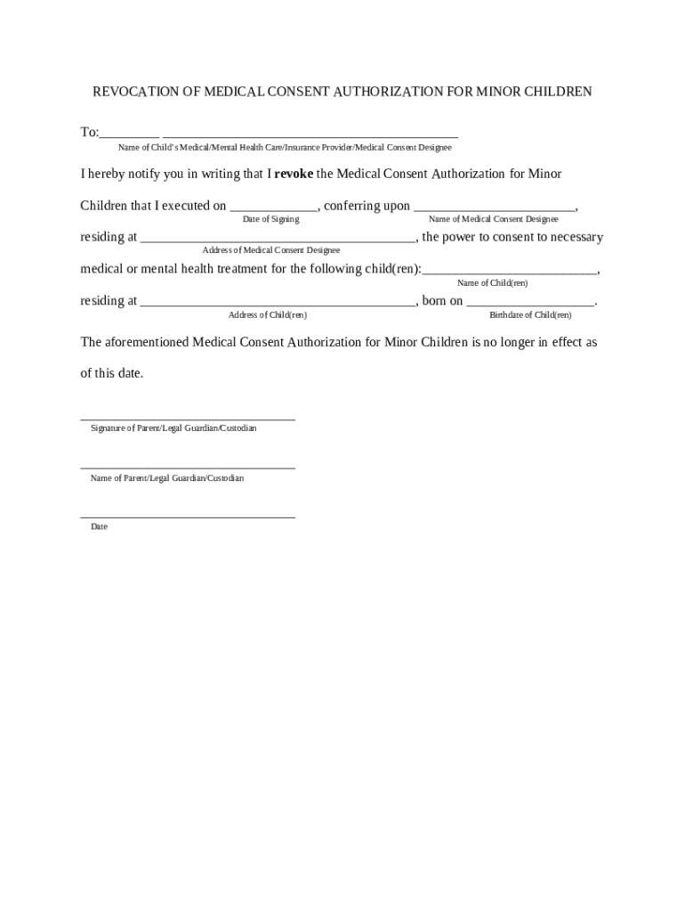 Revocation of Medical Consent Authorization Doc Template | pdfFiller