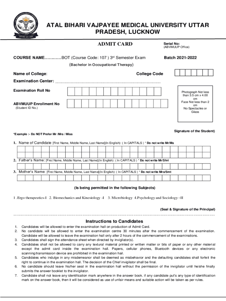 Fillable Online Admit Card and Examination Form - Bachelor in ...