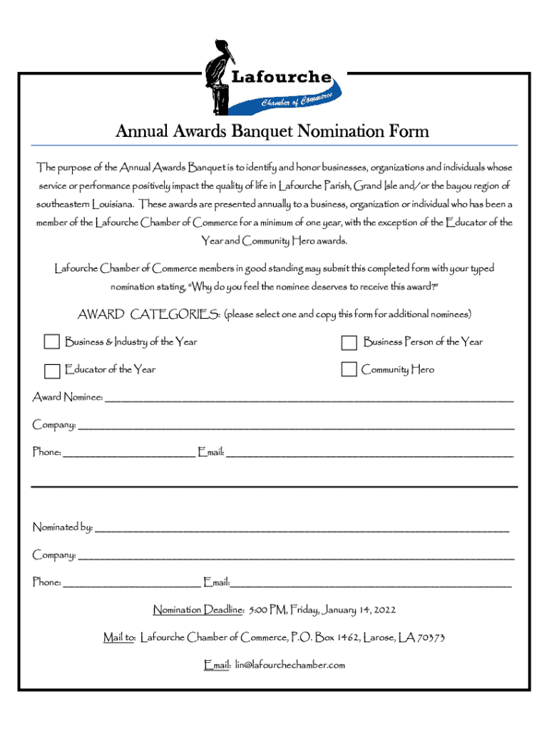 Fillable Online 2022 Annual Awards Banquet Nomination Form for Lafourche Chamber Fax Email Print ...