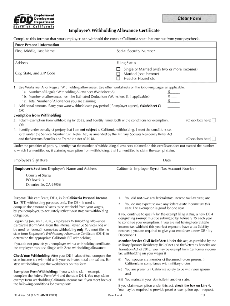 Fillable Online Employee\'s Withholding Allowance Certificate (DE 4) Revision 51 ... Fax Email ...
