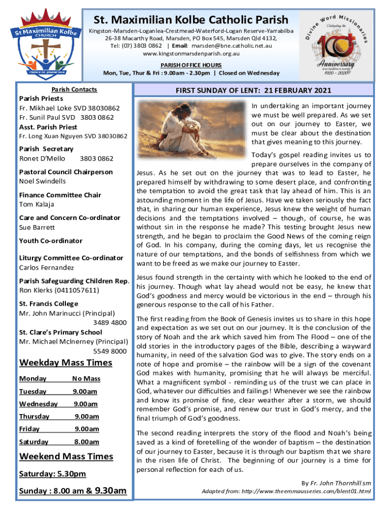 Fillable Online St. Maximilian Kolbe Catholic Parish Bulletin February ...