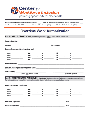 Fillable Online Overtime Work Authorization Form - Senior Environmental ...