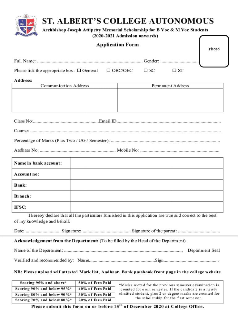 Fillable Online Archbishop Joseph Attipetty Memorial Scholarship Application 2020-2021 Fax Email ...