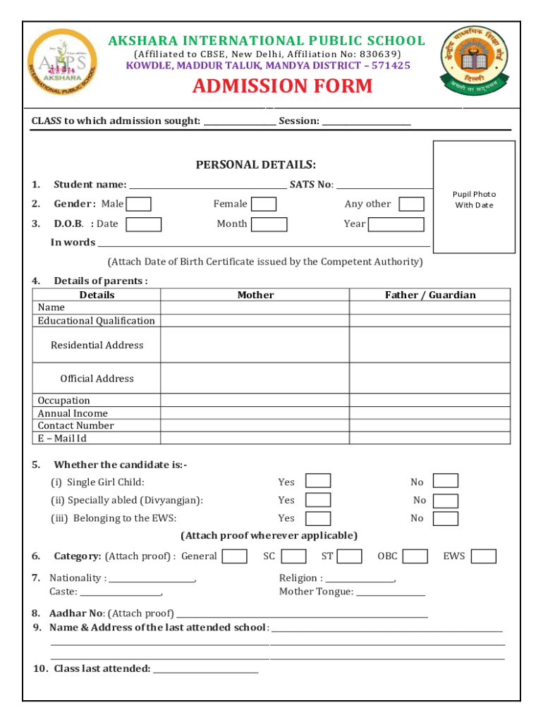 Fillable Online Admission Form for Akshara International Public School 2023 Fax Email Print ...