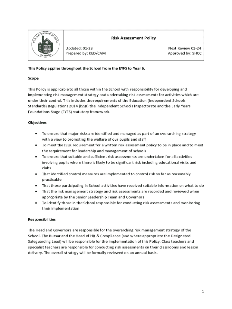 Fillable Online Risk Assessment In Reception Classes Fax Email Print ...