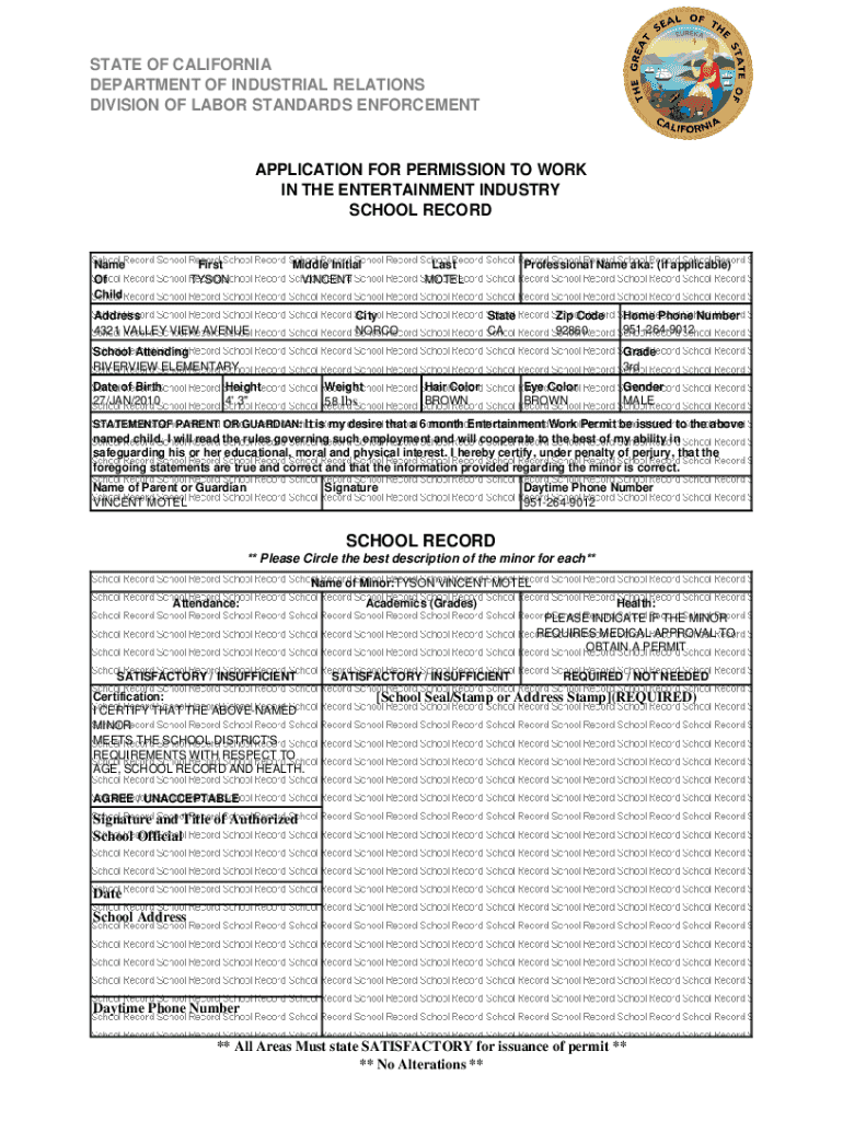 Fillable Online California 2023 Application for Entertainment Work ...