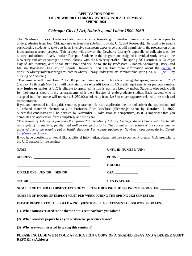 Newberry Library Undergraduate Seminar Application Doc Template | pdfFiller