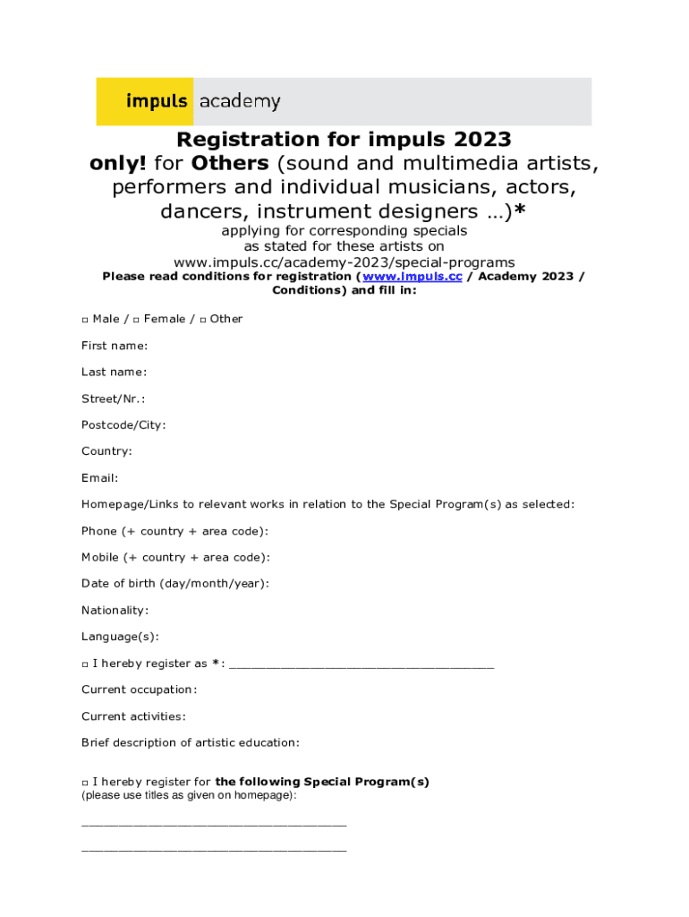 Fillable Online Registration Open for Impuls Academy 2023 - Special Programs for Artists Fax ...