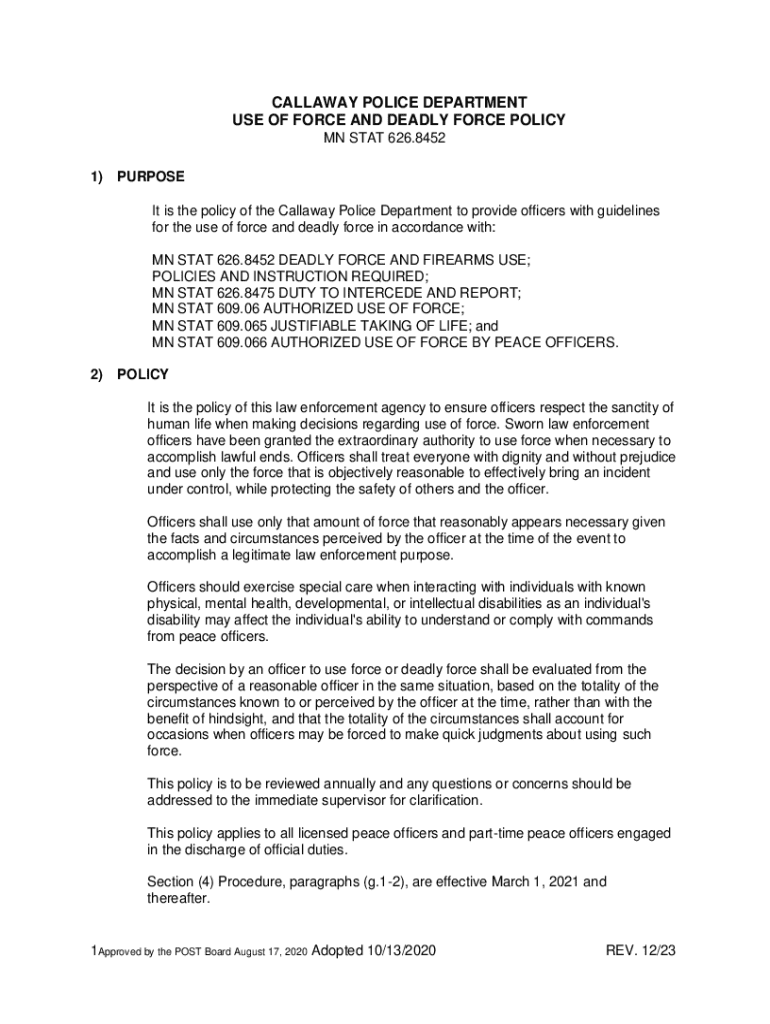 Fillable Online callaway police department use of force and deadly force policy Fax Email Print ...