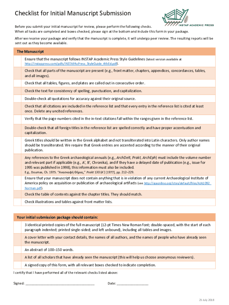 Fillable Online Essential Checklist for Initial Manuscript Submission 2018 Fax Email Print ...