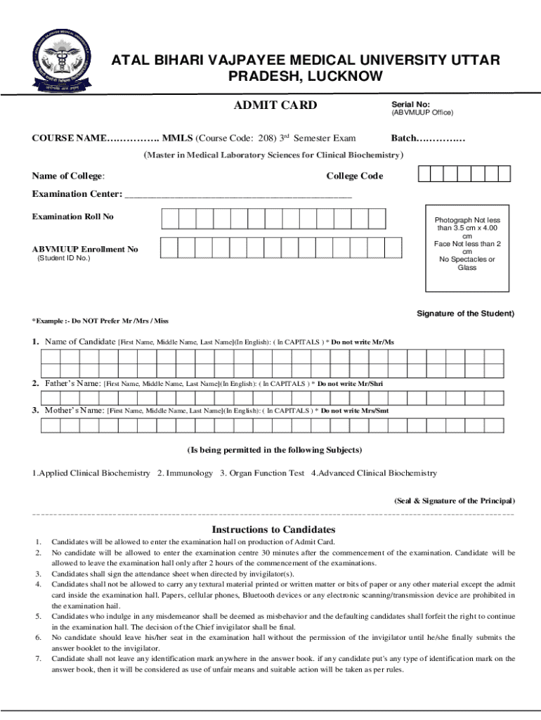 Fillable Online Admit Card and Examination Form for Mmls 3rd Semester ...