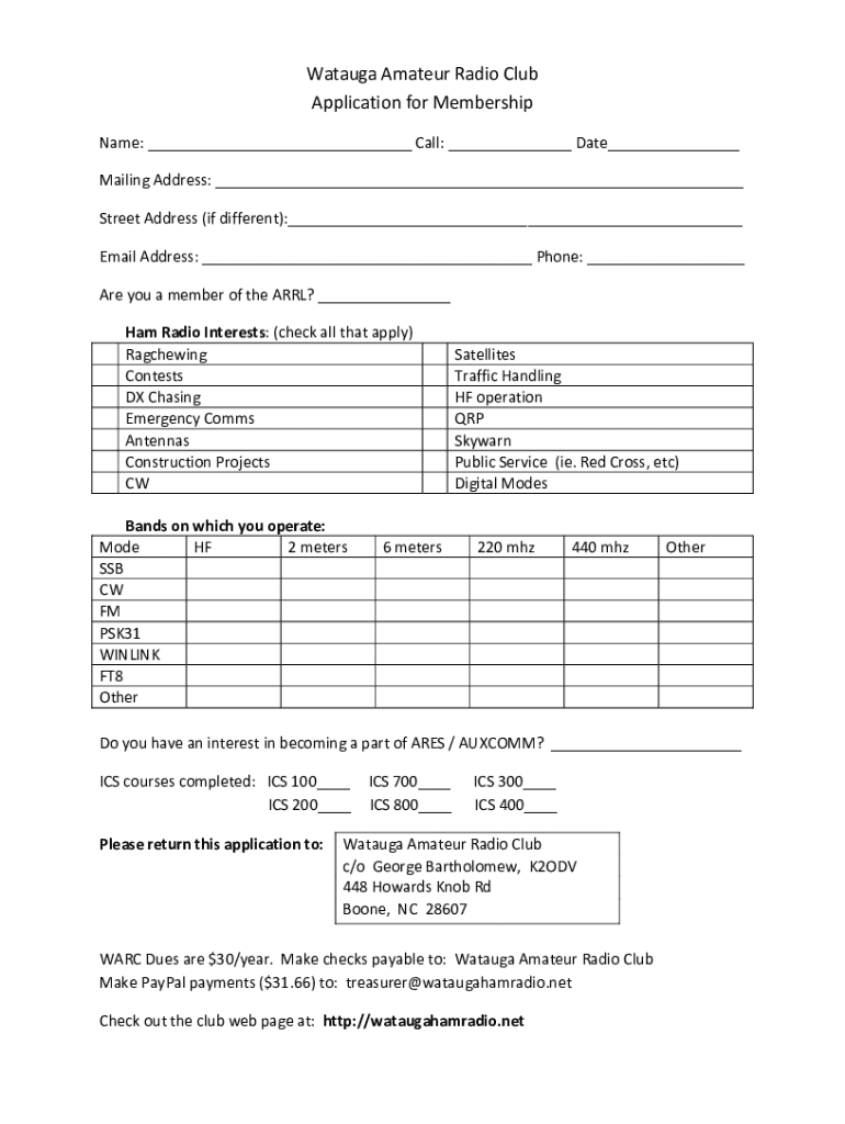 Fillable Online Watauga Amateur Radio Club Application for Membership Fax Email Print - pdfFiller