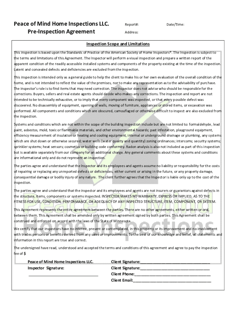 Fillable Online Home Inspection Pre-agreement 2023 | Peace of Mind Home ...