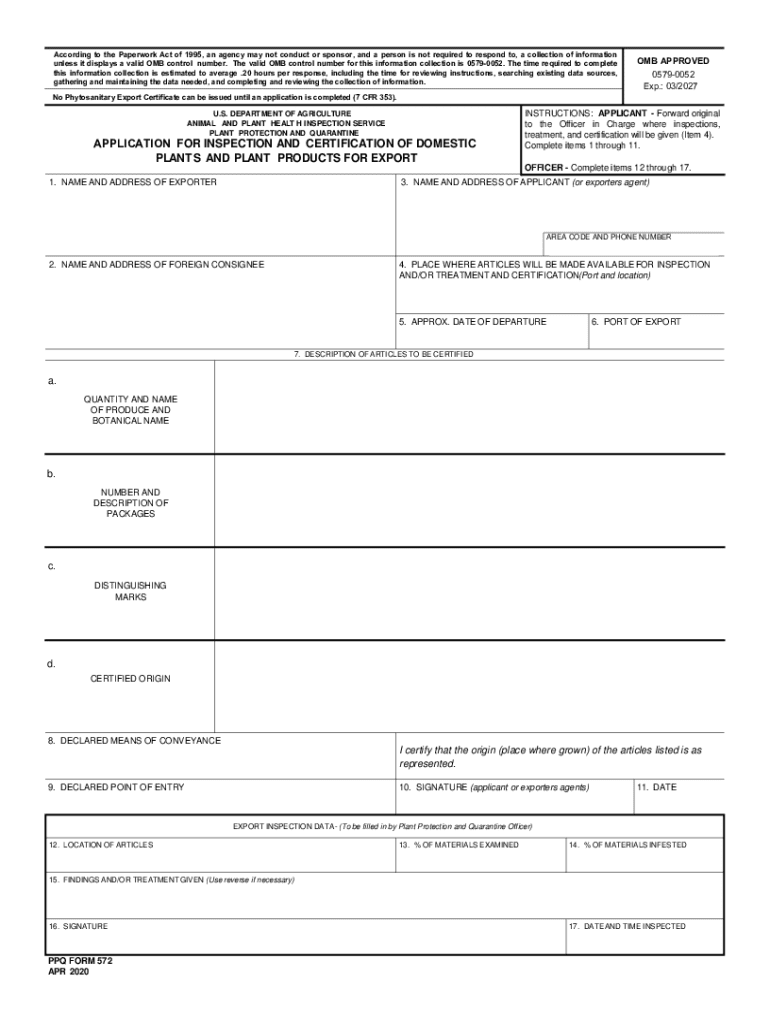Fillable Online PPQ Form 572 Application for Inspection and ...