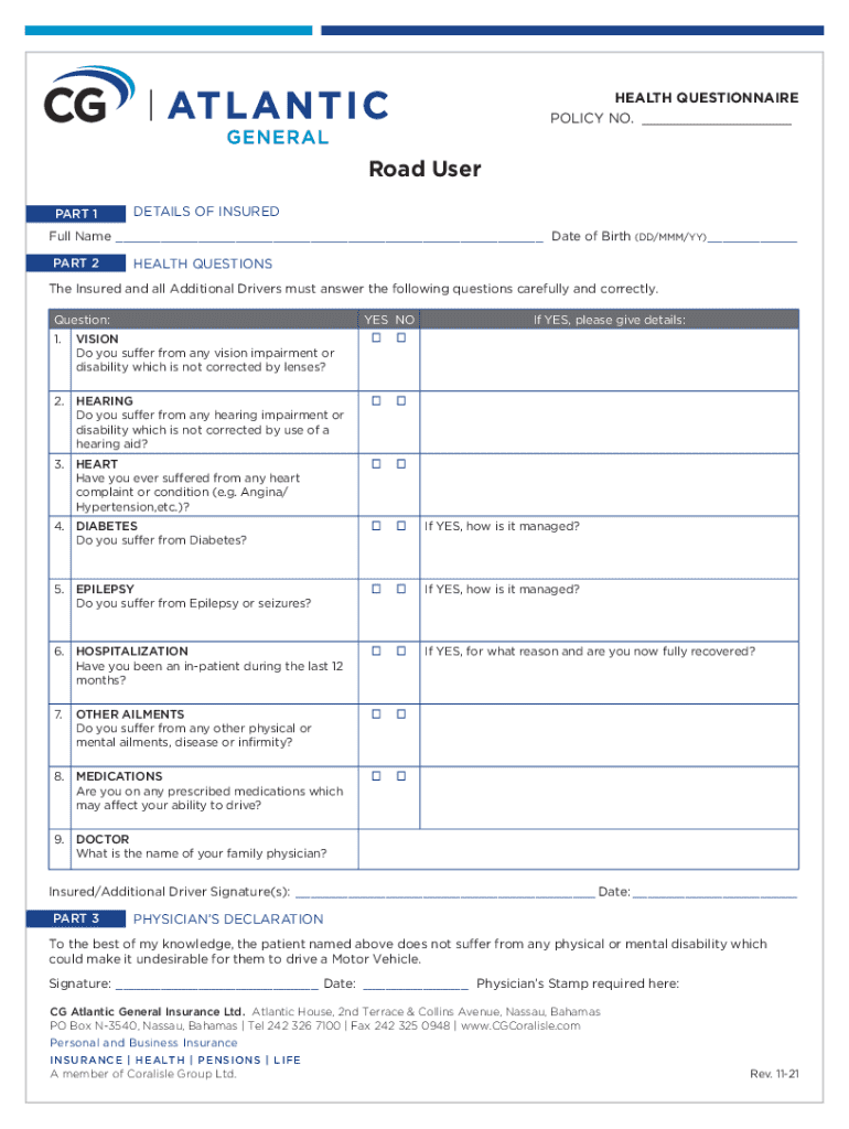 Fillable Online Comprehensive Health Questionnaire for Drivers 2021 Fax ...